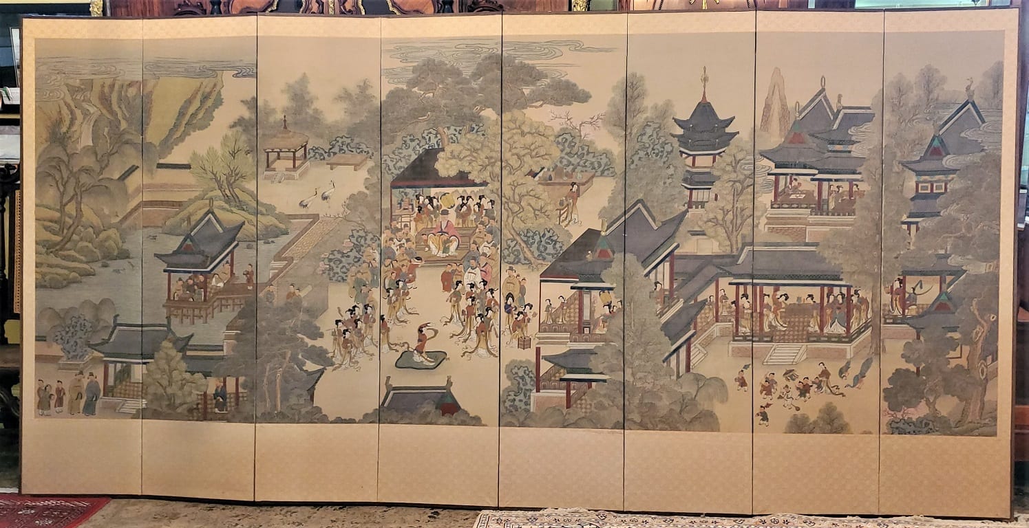 Exceptional Early 20C Korean 8 Panel Hand-painted Silk Screen/Divider ...