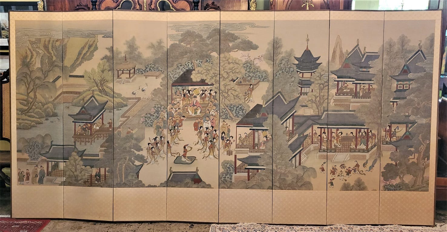 Exceptional Early 20C Korean 8 Panel Hand-painted Silk Screen/Divider ...
